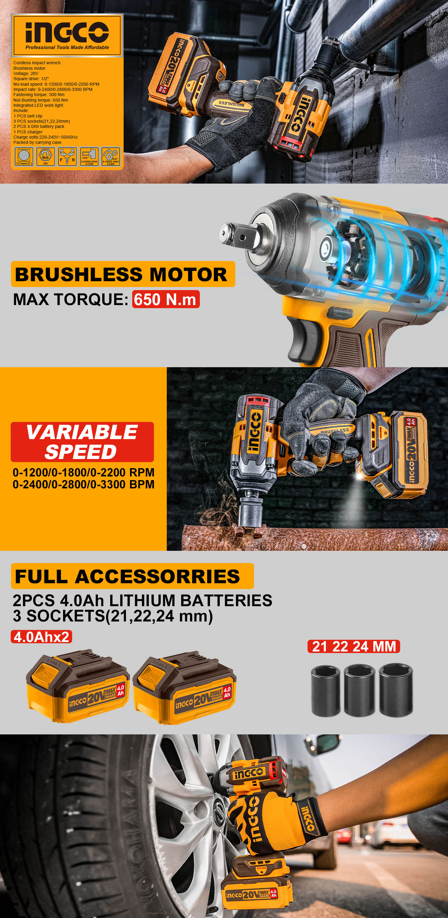 INGCO INGCO Cordless Impact Wrench CIWLI2050 – 500Nm Torque, 650Nm ...