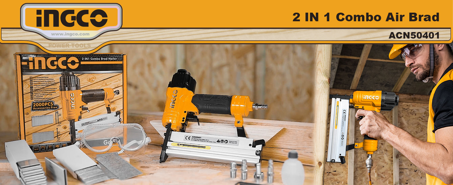 INGCO INGCO 2-IN-1 Combo Brad Nailer with 1000 PCS Brad Nails & 200 PCS ...