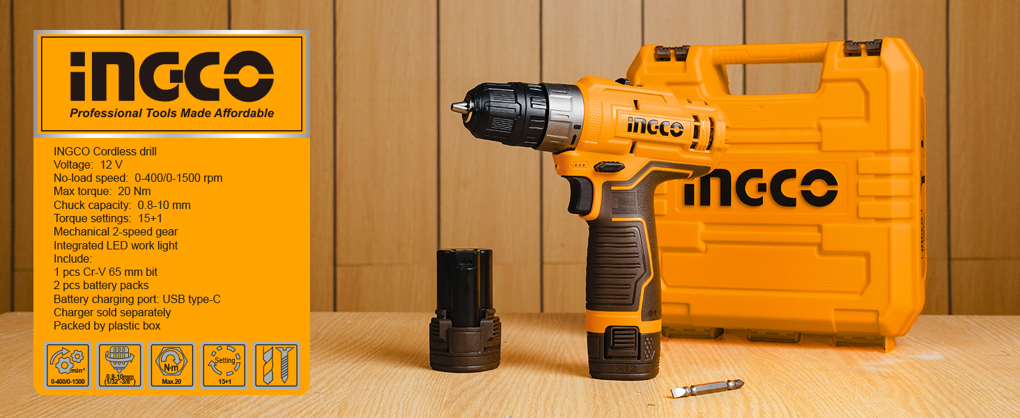 INGCO INGCO 12V Cordless Drill CDLI12202 - 20Nm Torque Electric ...