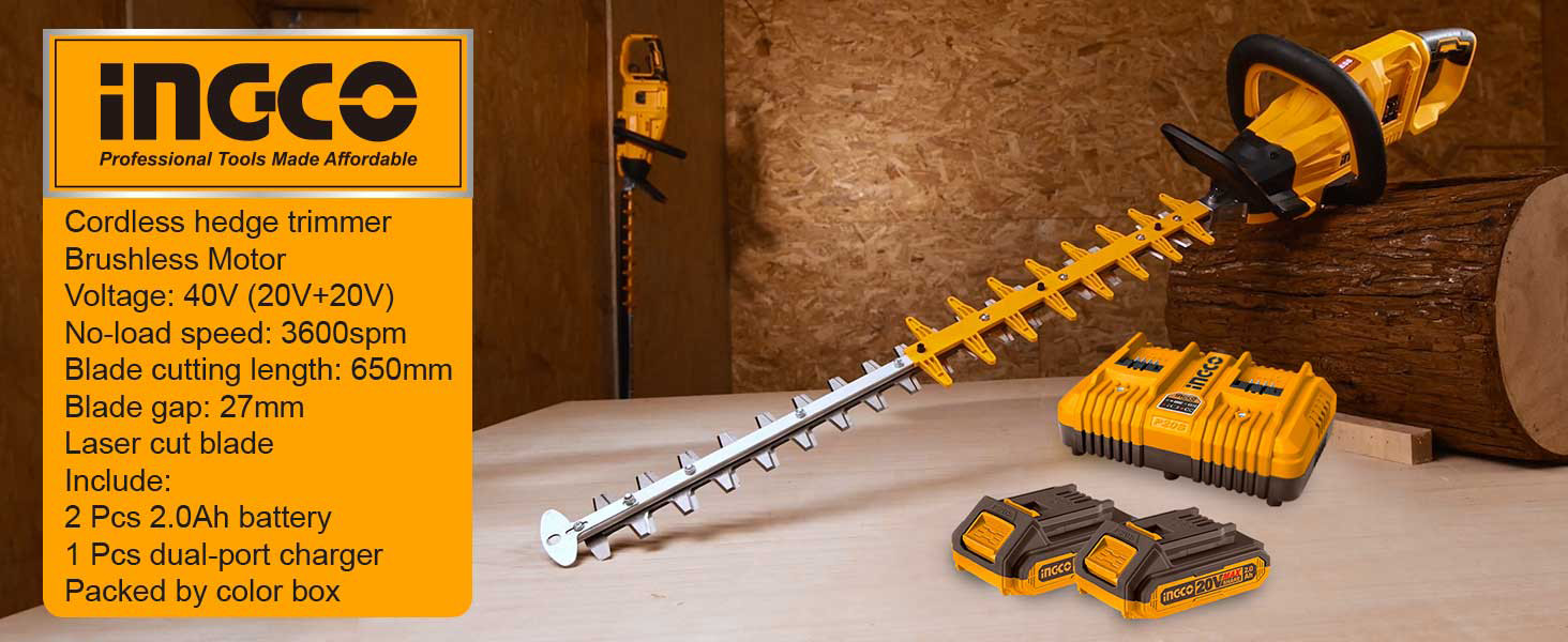 INGCO Cordless Tools INGCO Cordless Hedge Trimmer, with 2 pcs Batteries ...
