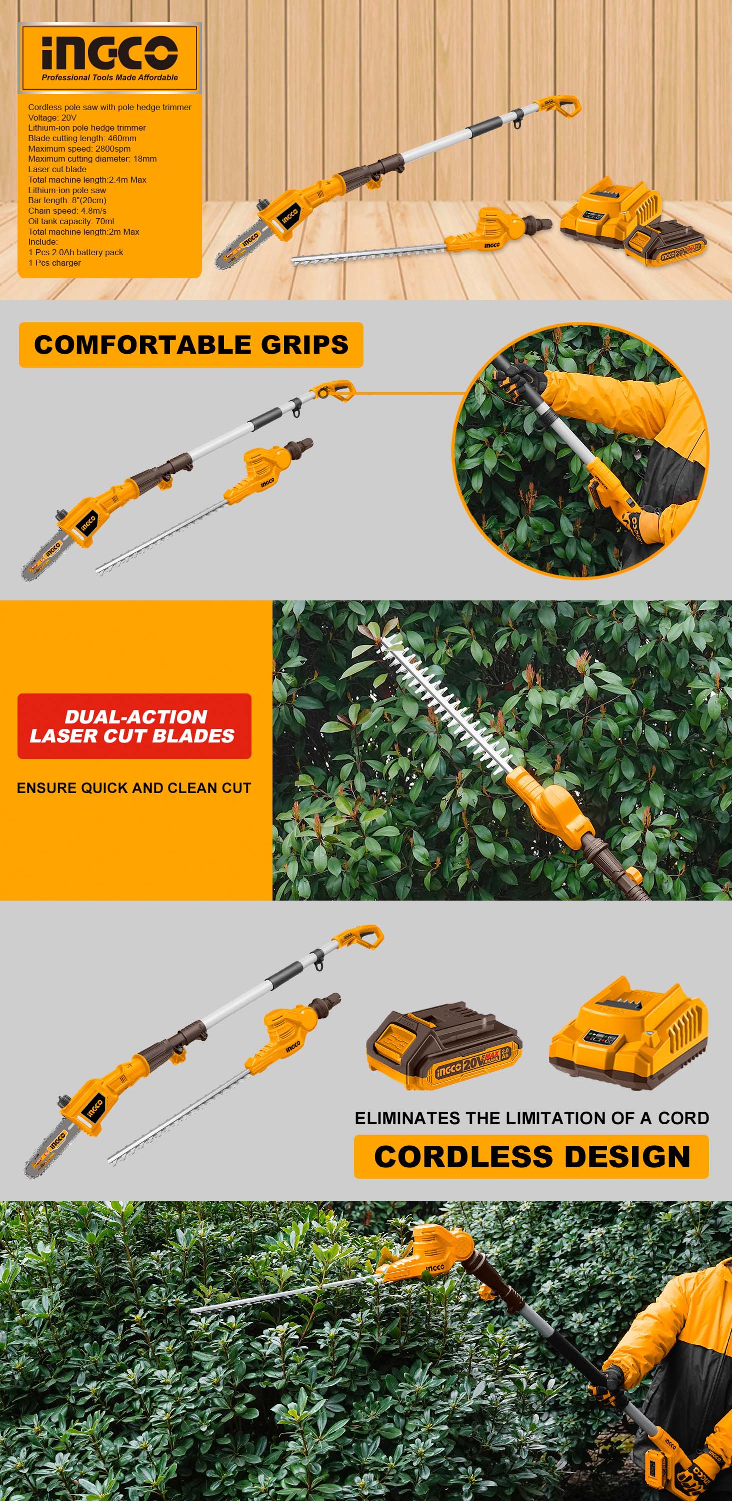 INGCO INGCO Cordless Pole Saw & Pole Hedge Trimmer Combo CPTS201681 ...