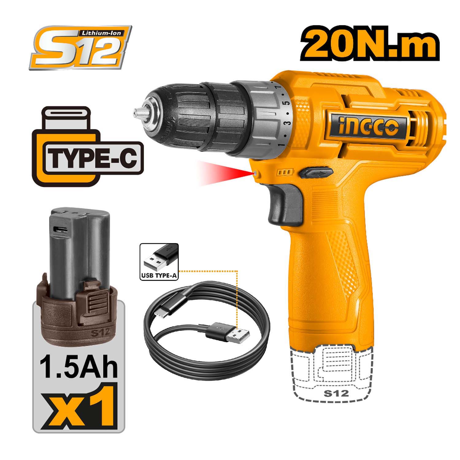INGCO Cordless Tools INGCO 12V Cordless Drill with Battery & Charger ...