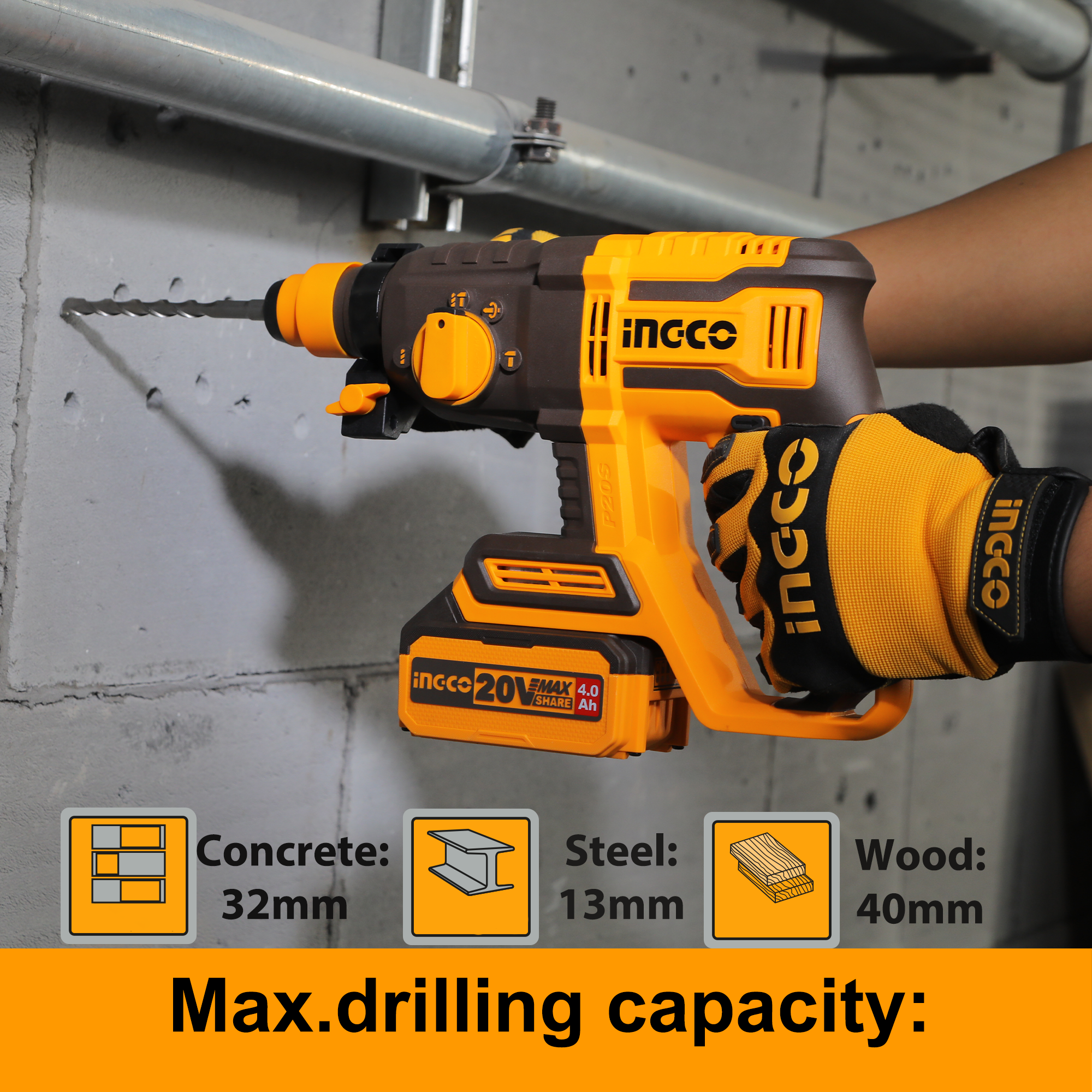 INGCO INGCO Cordless Rotary Hammer Drill CRHLI202081 | SDS Plus 22mm ...