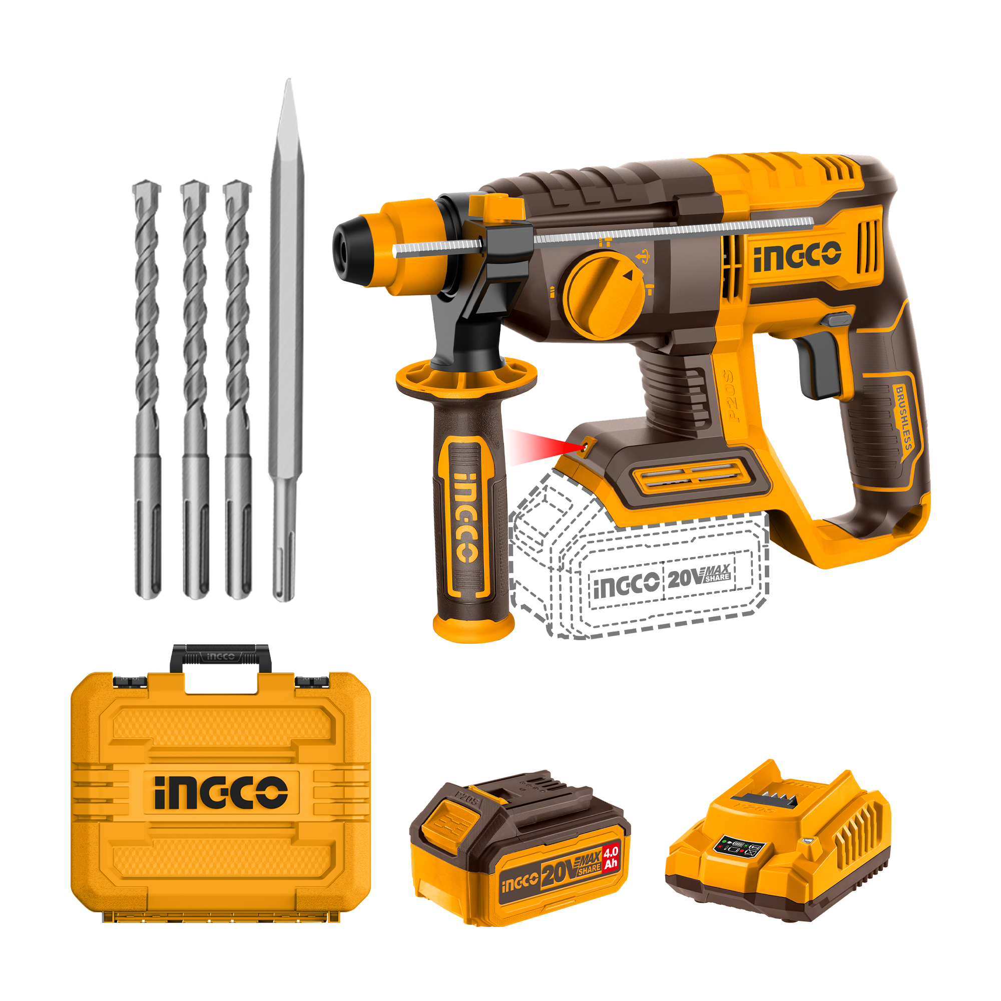 INGCO INGCO Cordless Rotary Hammer Drill CRHLI202081 | SDS Plus 22mm ...