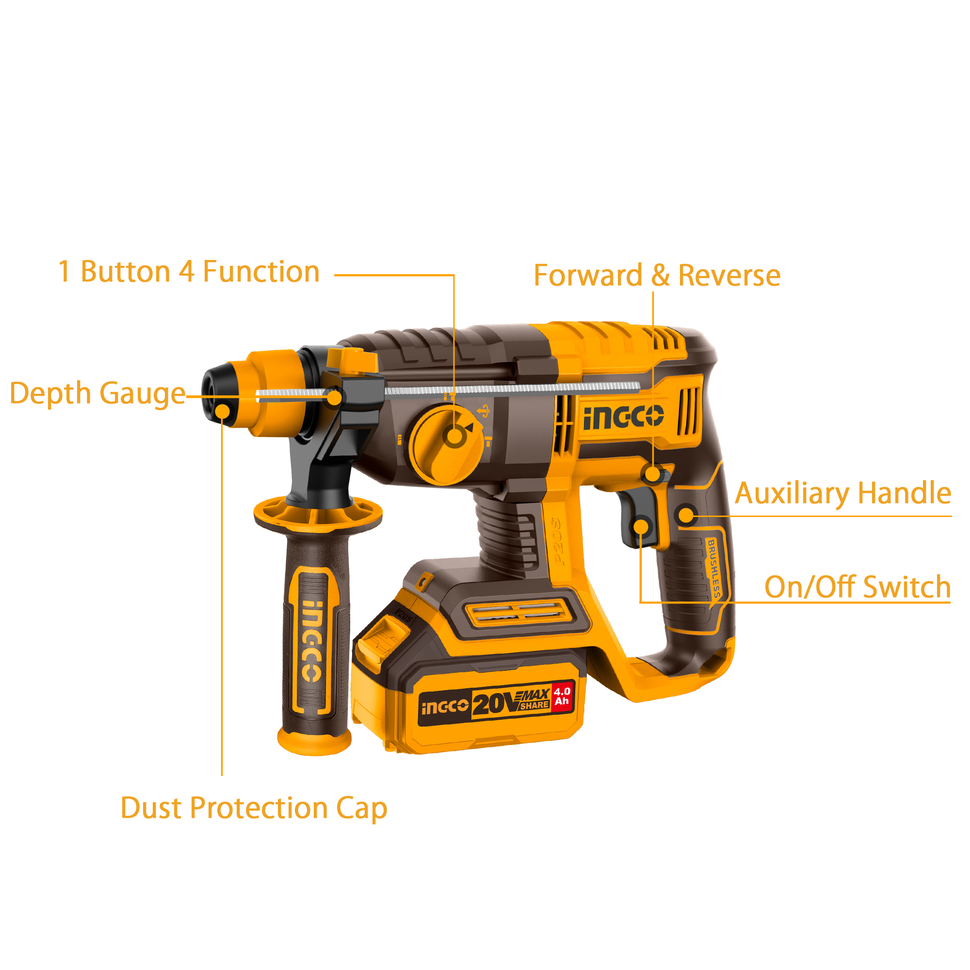 INGCO INGCO Cordless Rotary Hammer Drill CRHLI202081 | SDS Plus 22mm ...