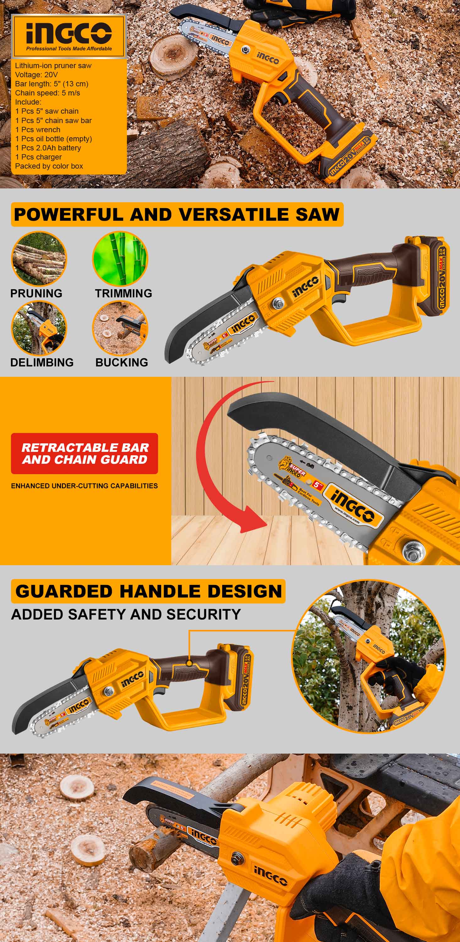 INGCO INGCO Cordless Pruner Saw 20V – 5" Mini Chainsaw | Garden Tools ...