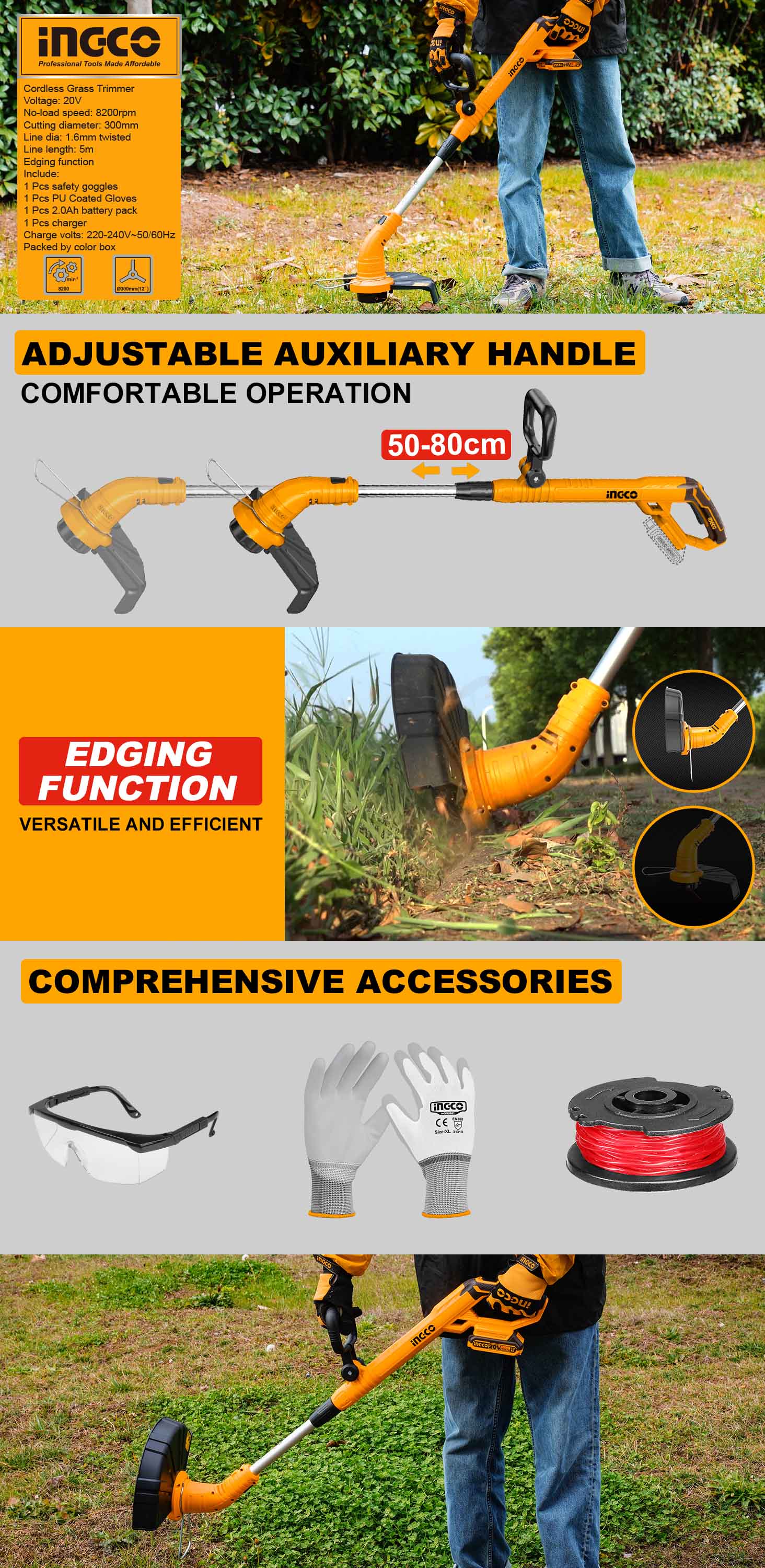INGCO INGCO CGTLI20301 20V Cordless Grass Trimmer with Edging Function ...