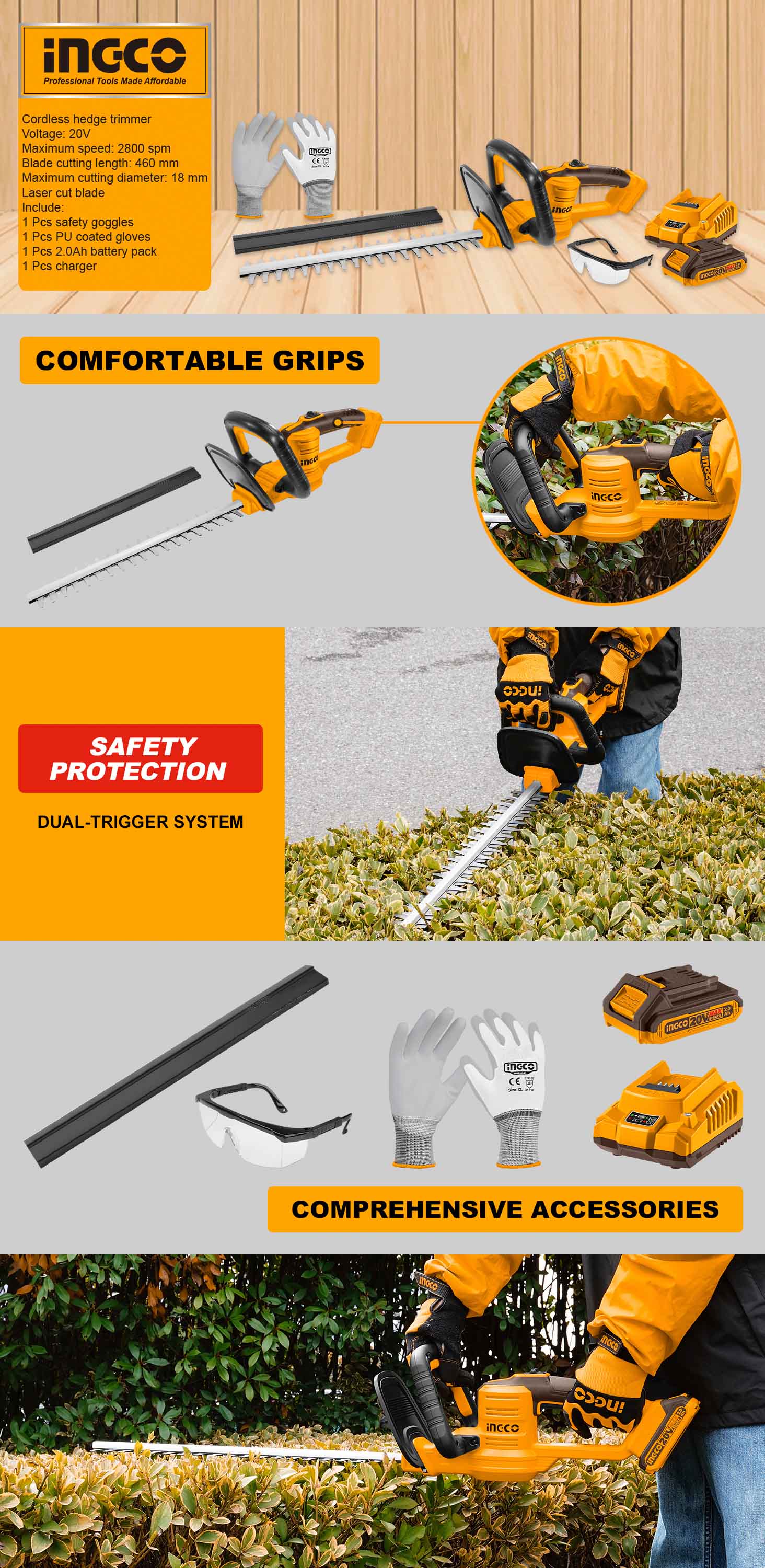 INGCO INGCO P20S 20V Cordless Hedge Trimmer – Electric Hedge Trimmer ...