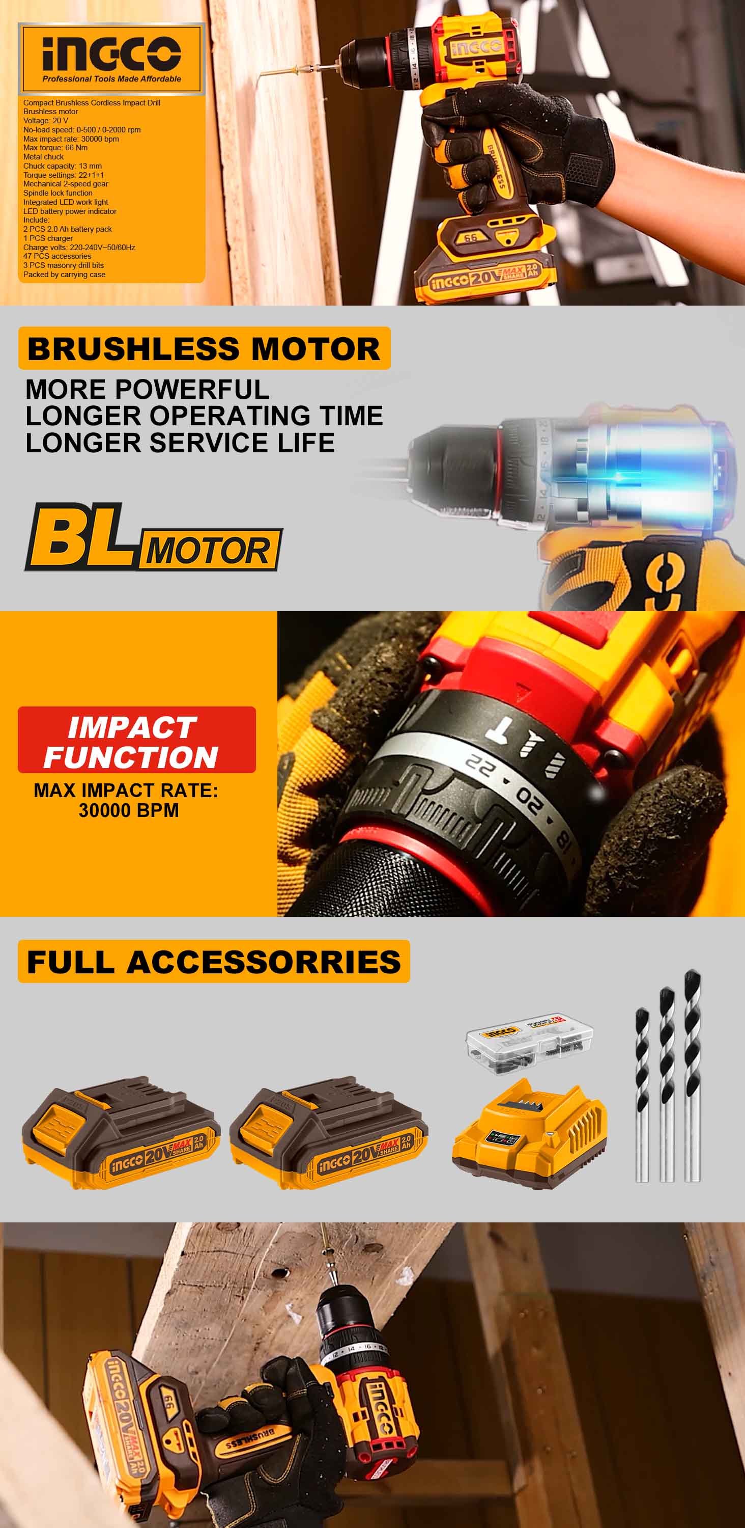 INGCO INGCO 66N.m Compact brushless cordless drill CIDLI20668 | with 2X2.0Ah lithium battery ...