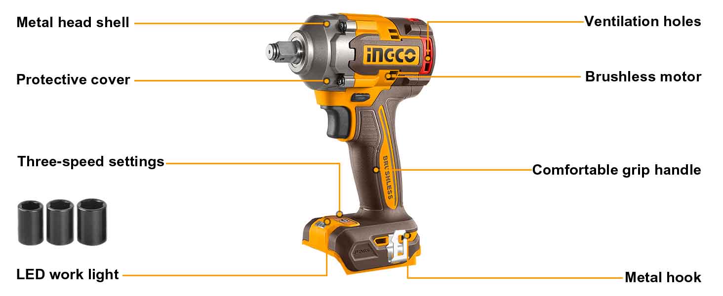 INGCO INGCO 20V 400Nm Lithium Battery Cordless Impact Wrench CIWLI2040 ...