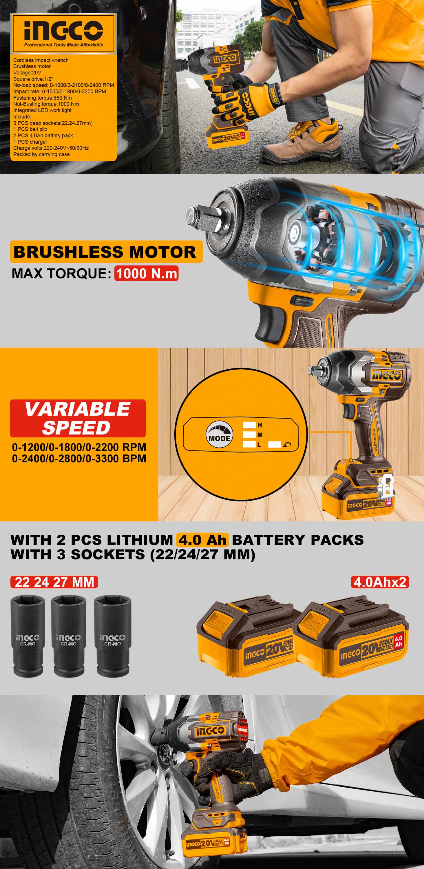 INGCO INGCO 20V 800Nm Lithium Battery Cordless Impact Wrench CIWLI2085 | with 2pcs 4.0Ah lithium ...