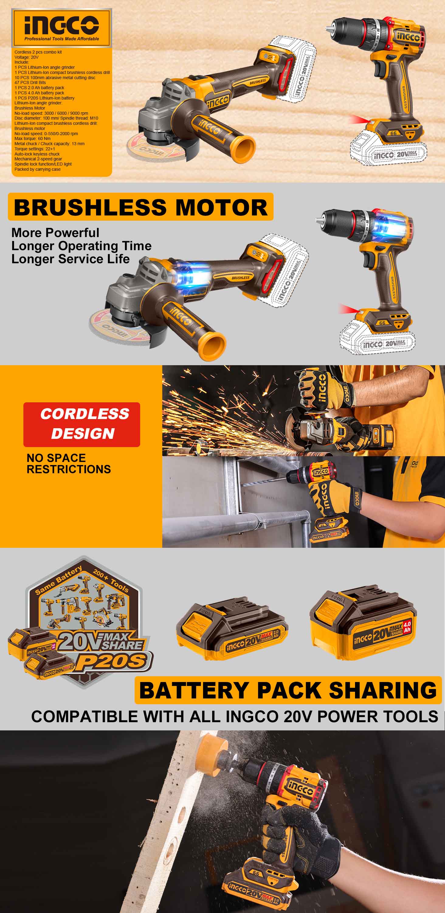 INGCO INGCO 20V Cordless Combo Kit - Brushless Angle Grinder & Impact ...