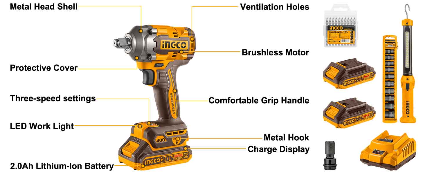 INGCO INGCO 20V Cordless 2 pcs combo kit With impact wrench and work ...