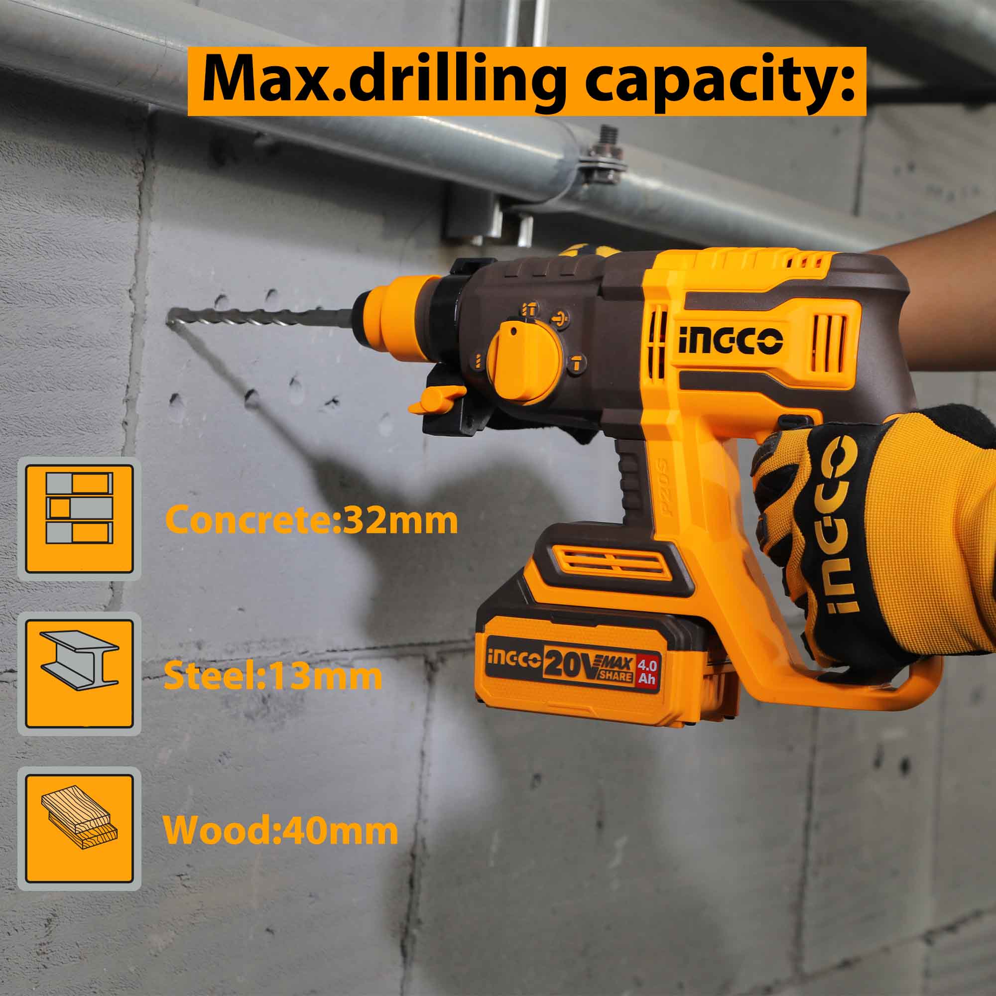 INGCO INGCO Cordless Rotary Hammer - Model CRHLI202081