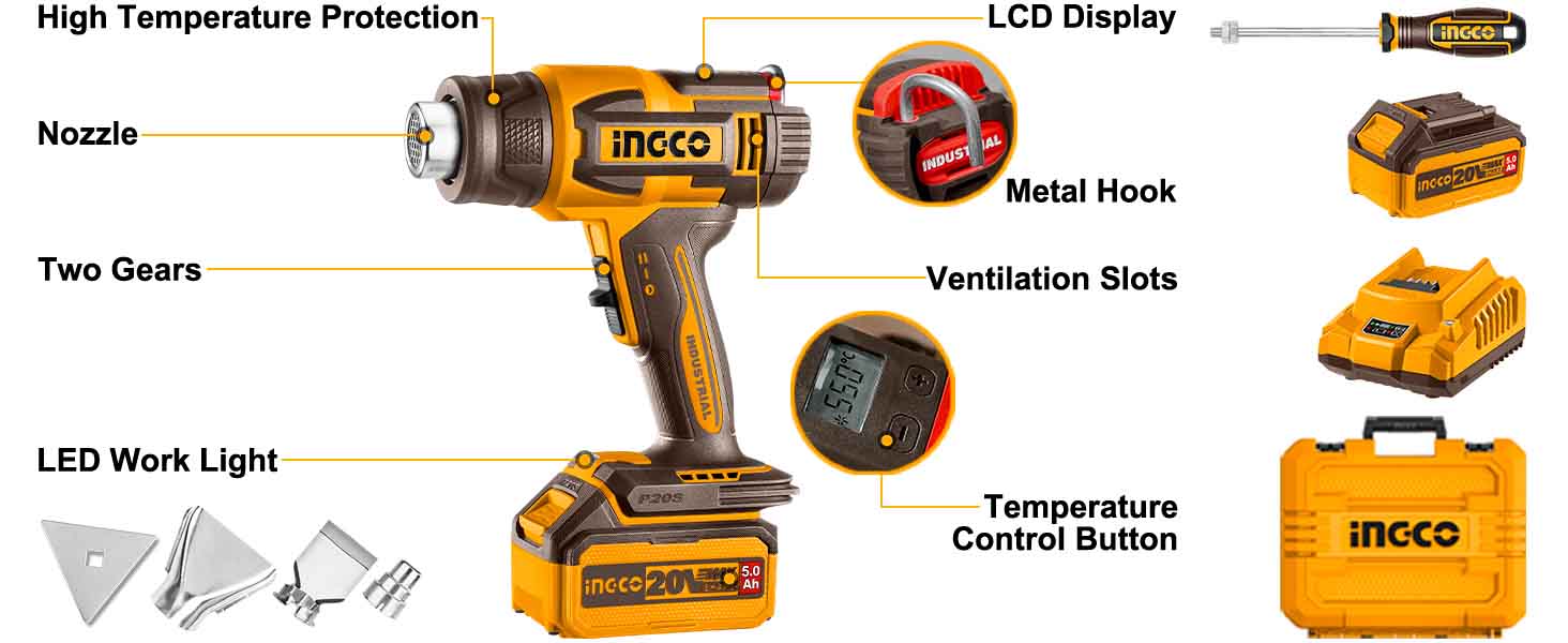 INGCO INGCO Cordless Heat Gun HGLI20035 – 20V Adjustable Heat Gun with ...