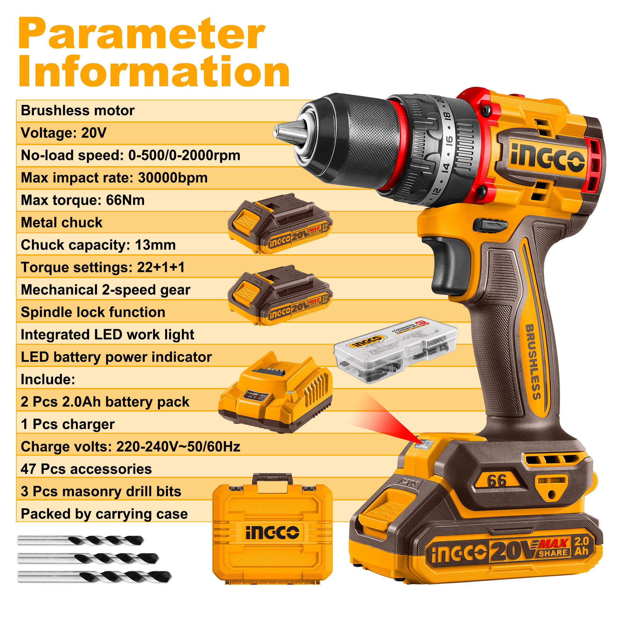 INGCO INGCO 66N.m Compact brushless cordless drill CIDLI20668 | with ...