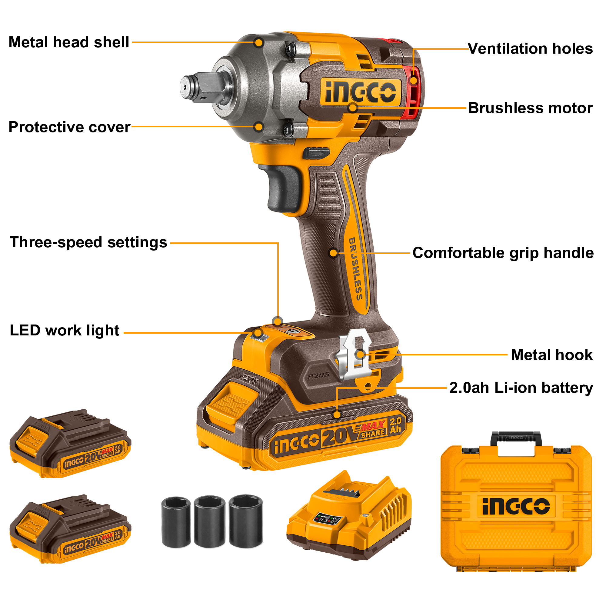 INGCO INGCO 20V 400Nm Lithium Battery Cordless Impact Wrench CIWLI2040 ...