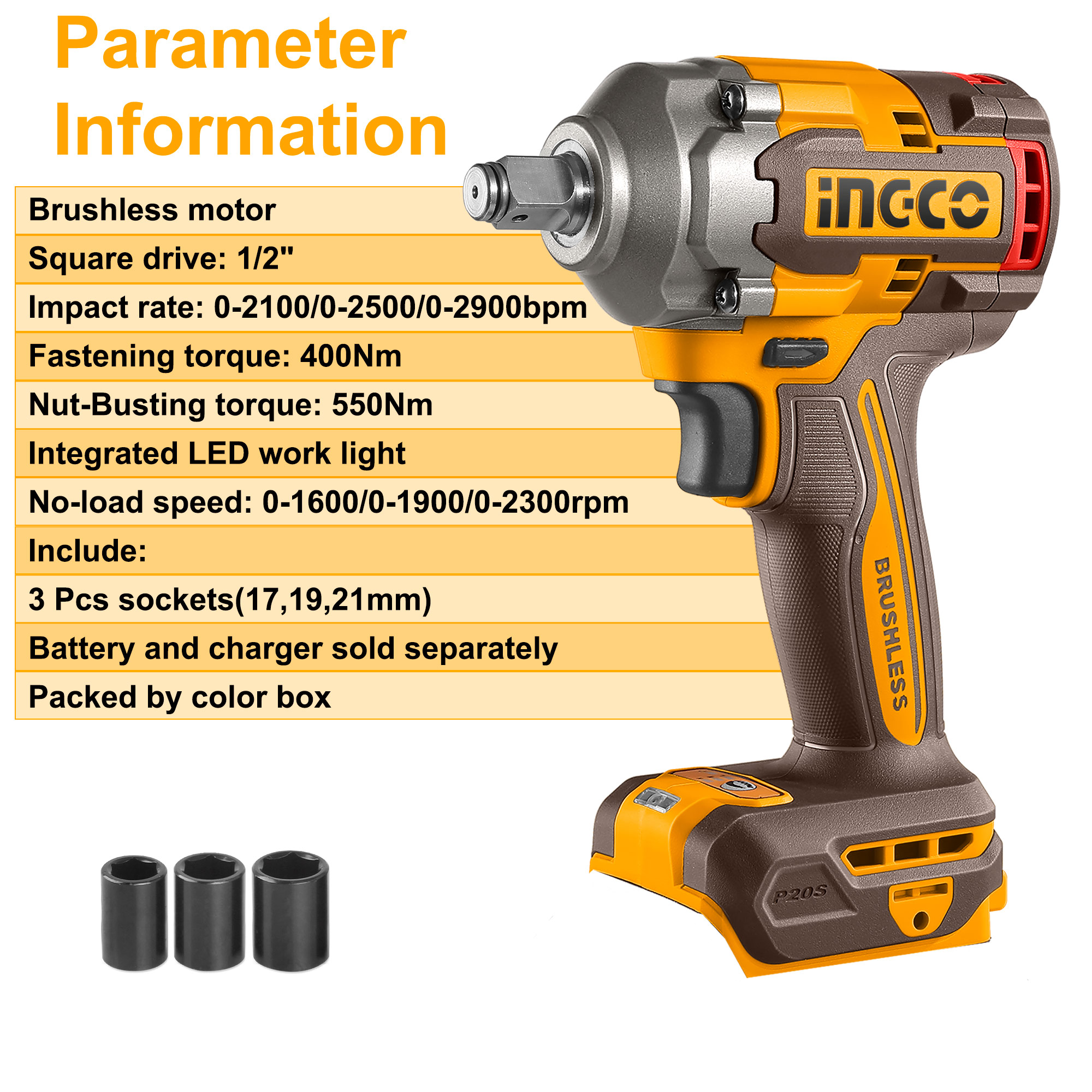 INGCO INGCO 20V 400Nm Lithium Battery Cordless Impact Wrench CIWLI2040 |with 2pcs 2.0Ah lithium ...