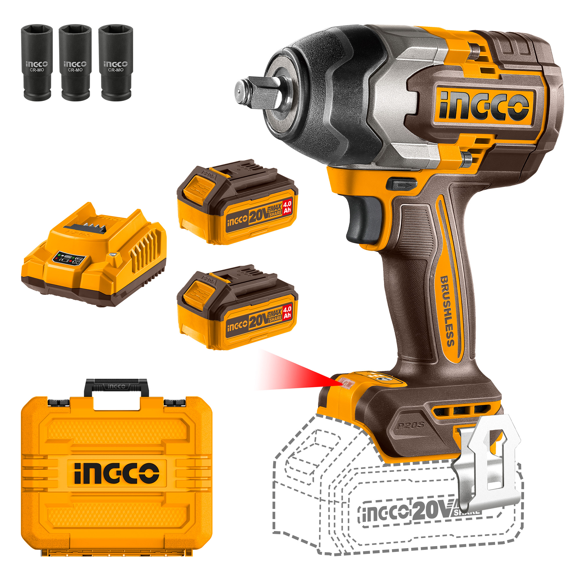INGCO INGCO 20V 800Nm Lithium Battery Cordless Impact Wrench CIWLI2085 | with 2pcs 4.0Ah lithium ...