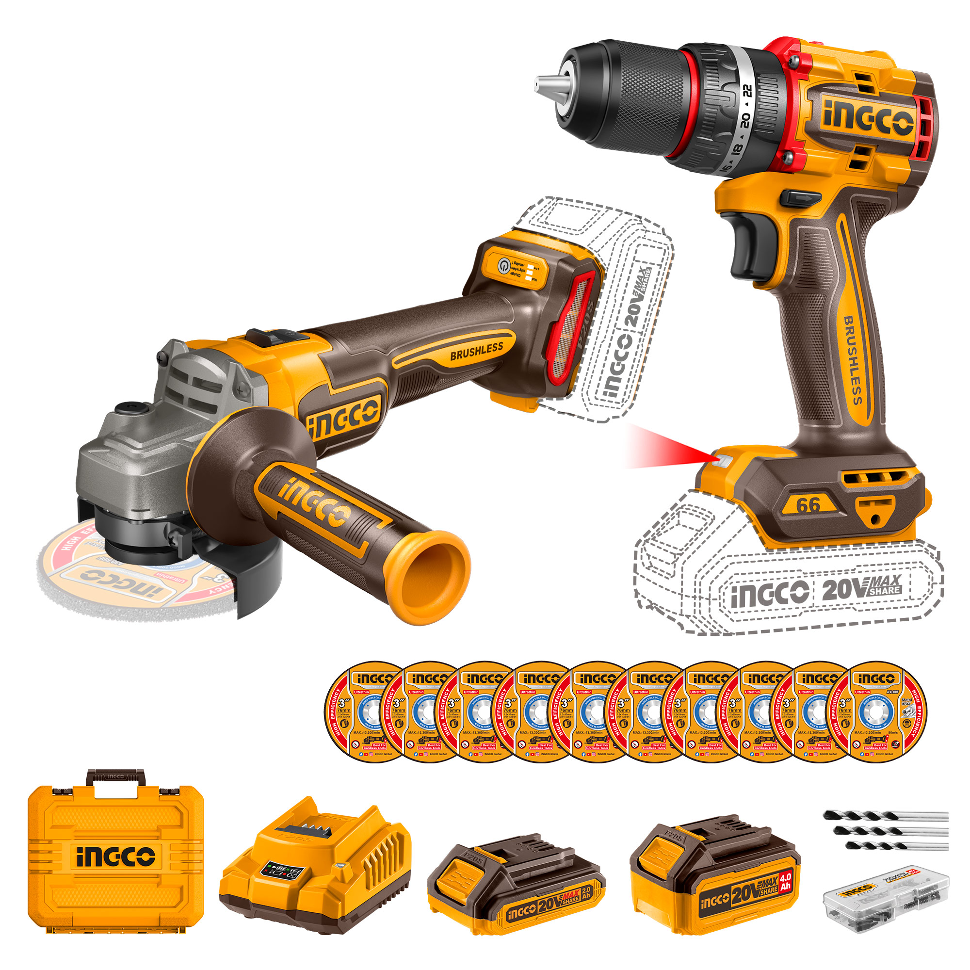 INGCO INGCO 20V Cordless Combo Kit - Brushless Angle Grinder & Impact ...