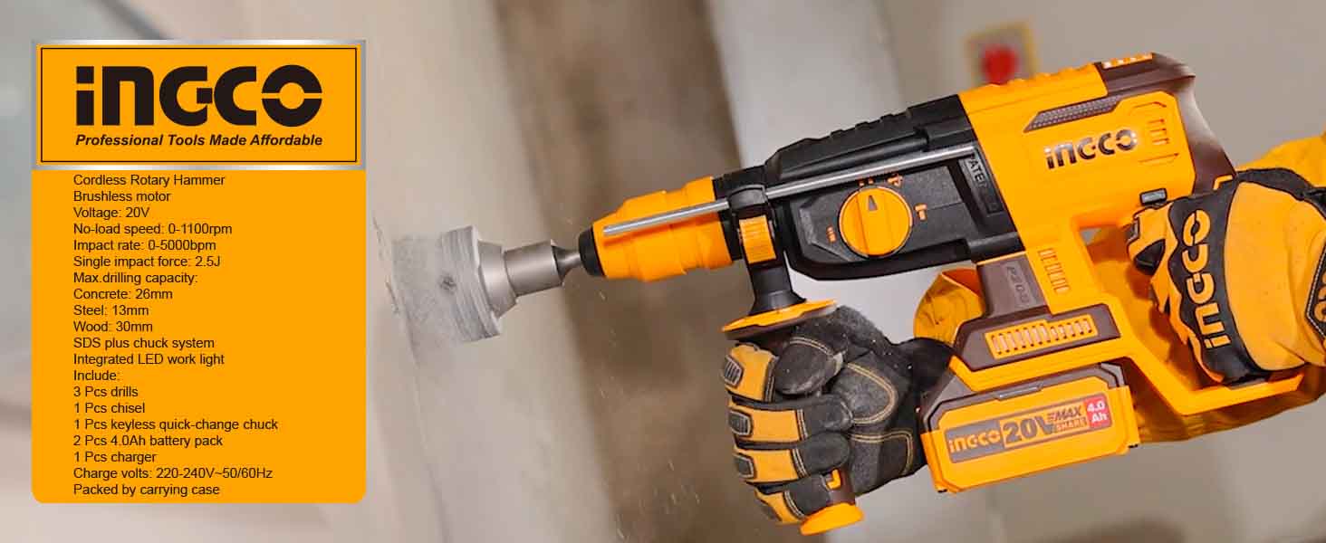 INGCO INGCO 20V Cordless Rotary Hammer Drill CRHLI202289 | 4IN1 SDS ...