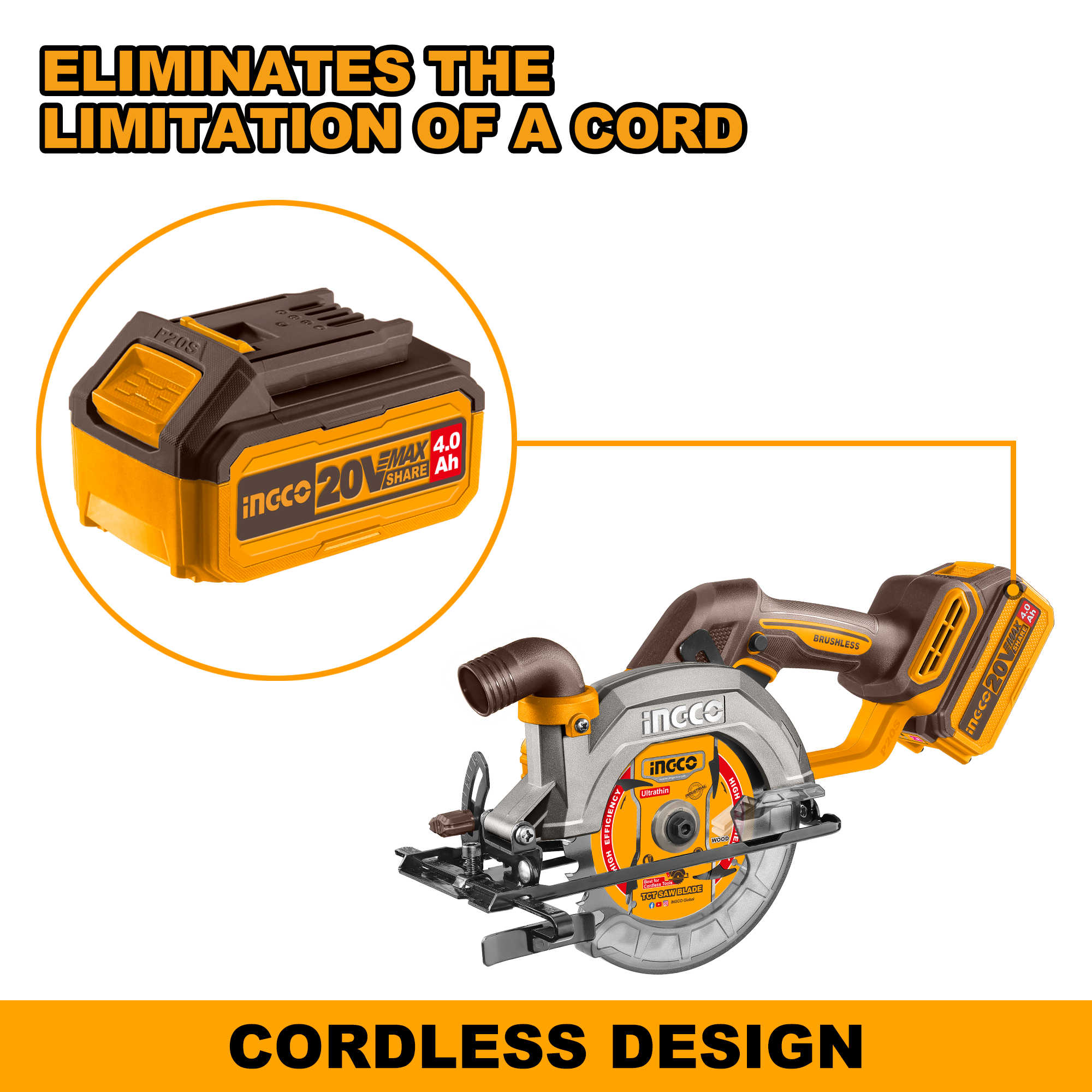 INGCO INGCO 20V Cordless Circular Saw with Brushless Motor - 140mm ...